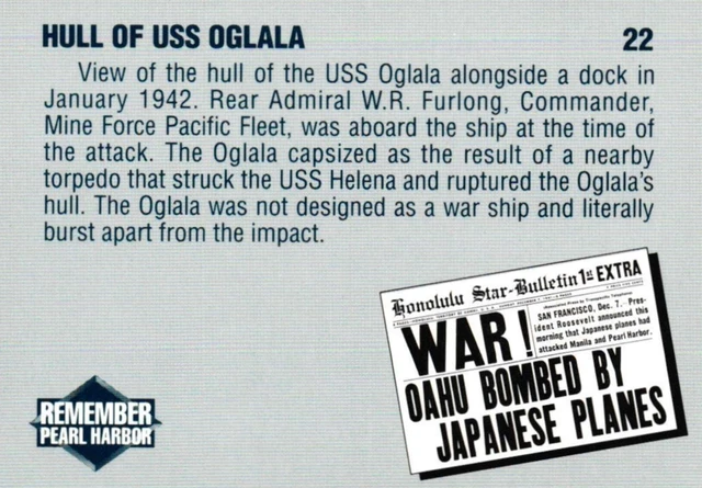 REMEMBER PEARL HARBOR Hull of USS Oglala 1991 Tuff Stuff Trading Card £ ...