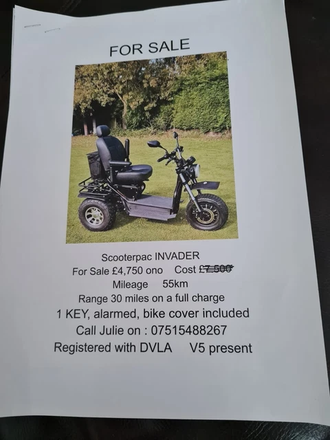 SCOOTERPAC INVADER MOBILITY scooter only 55km key alarm 30 miles on ...