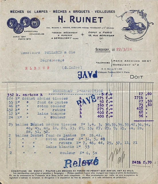 SERQUIGNY & FABRIQUE De Meches Ruinet " Facture 1924 EUR 8,90 - PicClick FR
