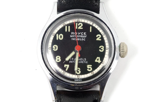 VINTAGE ROYCE WATERPROOF Incabloc 17 Jewels Military Tritium Watch 30mm ...