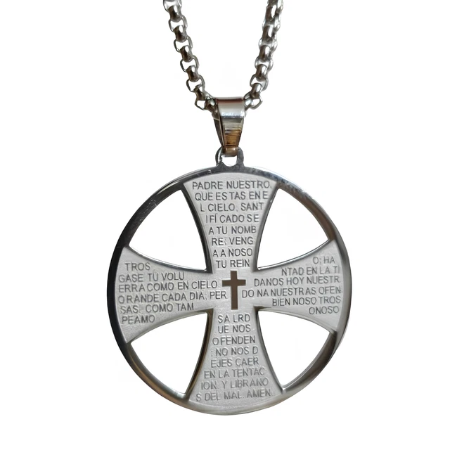 LORDS PRAYER CROSS Pendant Necklace Templar Spanish Script Steel 22 ...
