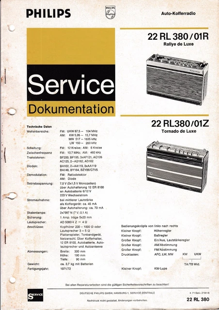 SERVICE MANUEL D'INSTRUCTIONS pour Philips 22 Rl 380,Rallye de Luxe ...