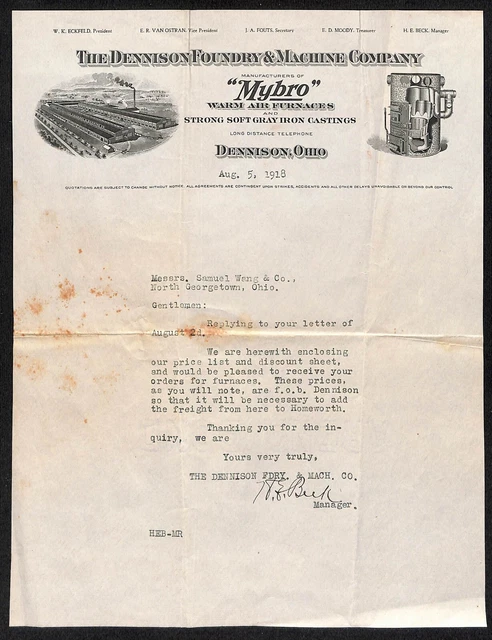 THE DENNISON FOUNDRY & Machine Co. 1918 Letterhead Samuel Wang* N ...