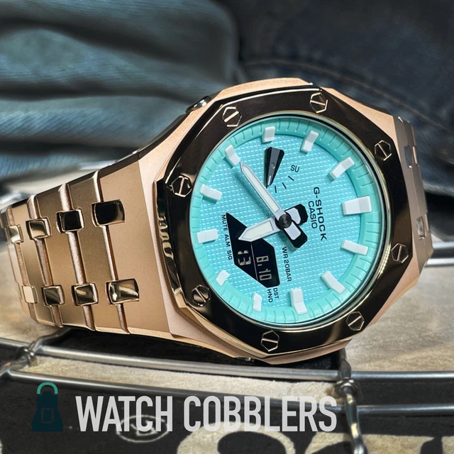 CASIO G-SHOCK TIFFANY Blue Waffle Mod Polished Rose Gold Steel Casioak ...