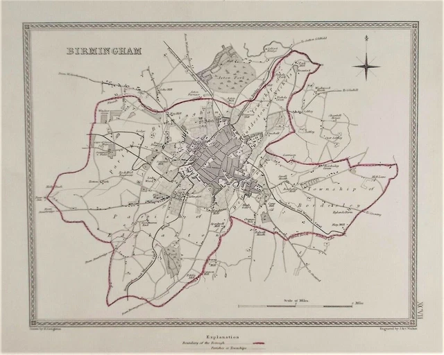 OLD ANTIQUE MAP BIRMINGHAM c1830's CITY BOUNDARY PLAN by CREIGHTON ...