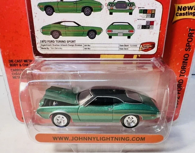 JOHNNY LIGHTNING MUSCLE Cars 1972 Ford Torino Sport vert 1:64 moulé ...