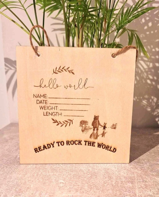 WOODEN HELLO WORLD Plaque, Baby Birth Announcement Sign, Adoption Decor ...