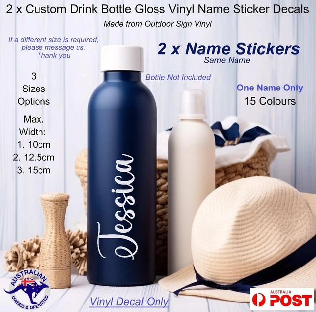 2 X CUSTOM Water Bottle Gloss Vinyl Name Sticker Decal 3 Sizes Vinyl ...