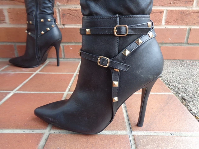 SXXY BLACK STRETCH PU THIGH HIGH STUDDED ANKLE HARNESS BOOTS * 8 uk ...