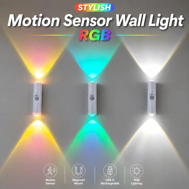 RGB MOTION SENSOR LED Wall Light Rechargeable Magnetic Night Lamp ...
