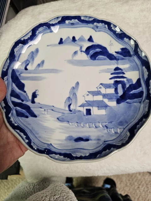 ANTIQUE CHINESE PORCELAIN Sometsuke Round Plate ~ Hand Painted Pagoda ...
