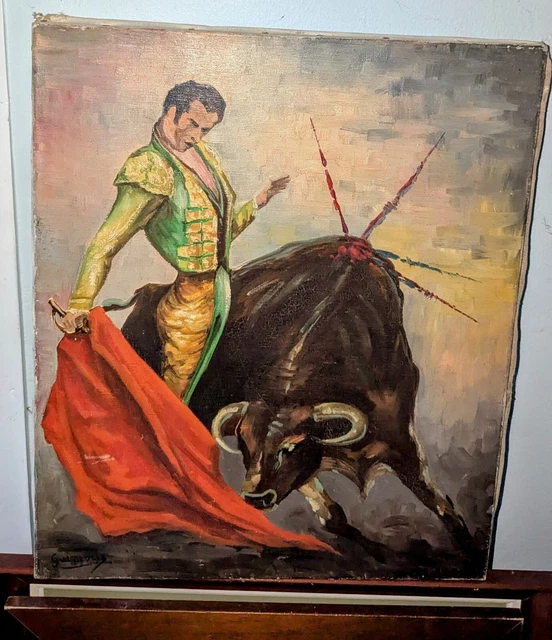 TABLEAU HUILE SUR toile Scène de tauromachie Corrida Torero Années 50 ...