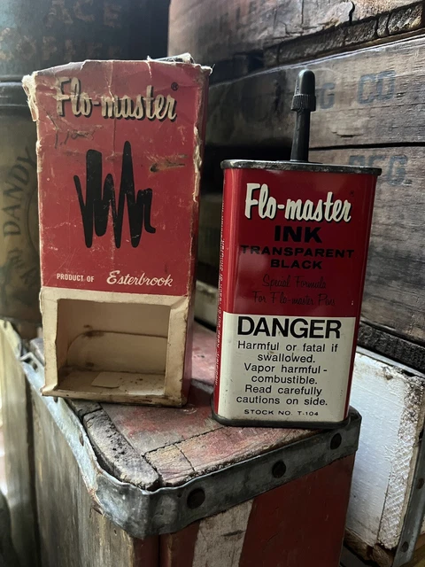 VINTAGE FLO-MASTER 4OZ Tin Can Esterbrook Transparent Black Ink For ...