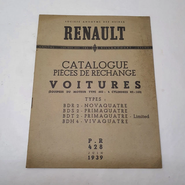 RENAULT CATALOGUE PIÈCES De Rechanges Voiture Moteur Type 603 Juin 1939 EUR 28,90 - PicClick FR