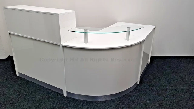 RECEPTION DESK Curved Glass White Gloss Aluminium Plinth Reception Desk ...