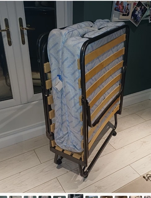 BLACK FOLDING GUEST Bed, Metal & Wood Frame, Small Single, Mattress ...