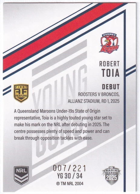 2025 NRL ELITE 'Young Guns White' Yg30 Robert Toia #007/221 - Roosters ...