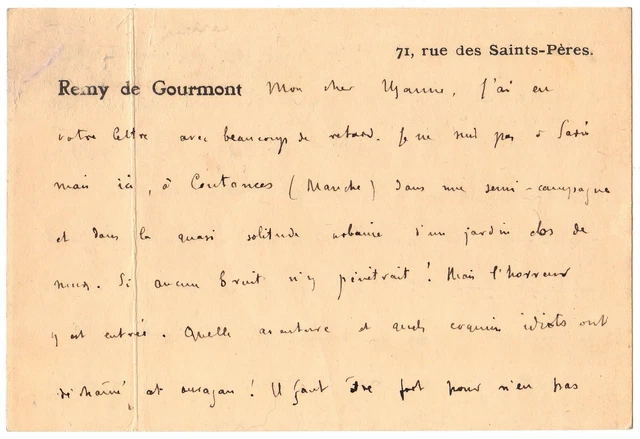 REMY DE GOURMONT to Octave Uzanne - autograph - n.d. (ap. August 1914 ...