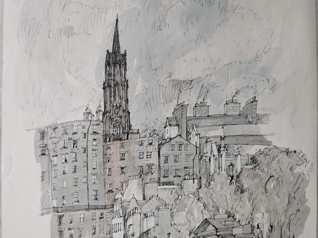 ORIGINAL TINTENZEICHNUNG BRIAN Edwards b1944 Greyfriars Churchyard ...