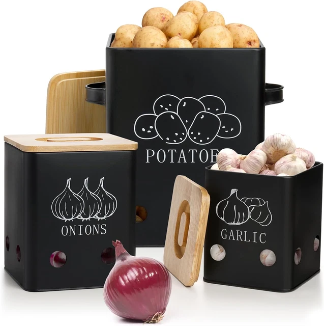 3 PACK VEGETABLE Storage Tins, Potato Onion Garlic Storage Canister ...