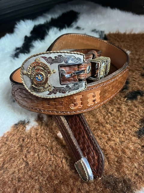 GENUINE TEXAS SHERIFFS Office Tooled Leather Belt W/ Silver Buckle ...