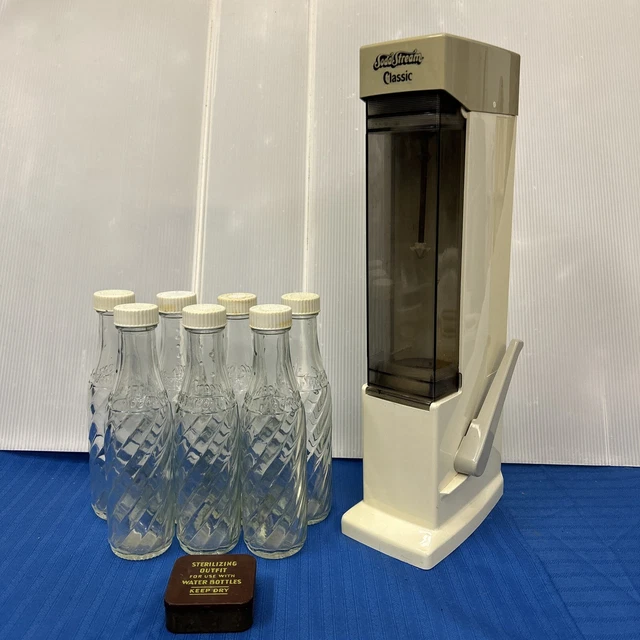 VINTAGE CLASSIC SODA STREAM WITH Empty Gas Cylinder and 7 Glass Bottles ...
