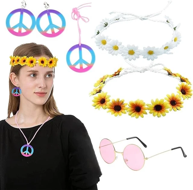 5 PCS HIPPIE Costume Set Flower Crown, Sunglasses, Peace Sign Necklace Earrings £9.99 - PicClick UK