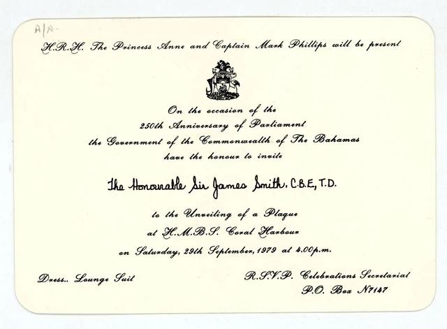 VINTAGE INVITATION CARD Princess Anne Captain Mark Phillips The Bahamas ...