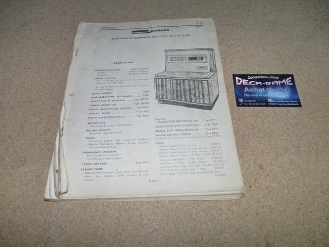 MANUEL DE SERVICE juke box seeburg ls310 ls325 ls325n !!! original d ...