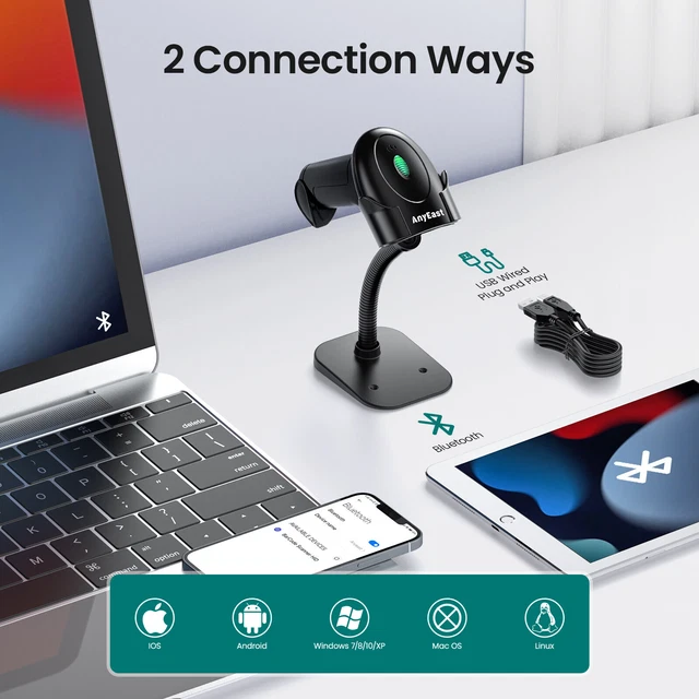 ANYEAST WIRELESS USB Wired 2D Barcode Scanner QR Scanner with Stand for ...