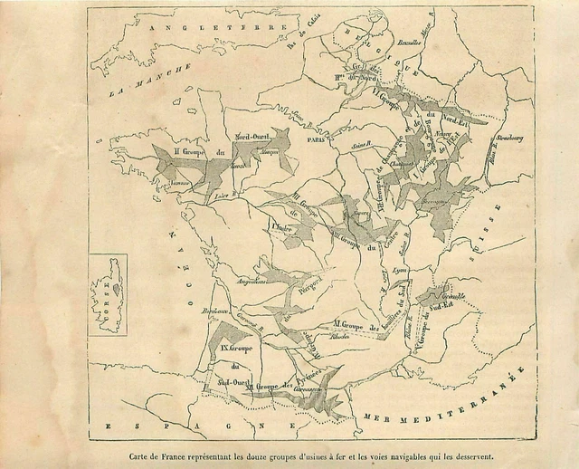 MAP MAP OF France iron factories waterways ANTIQUE ENGRAVING OLD PRINT ...