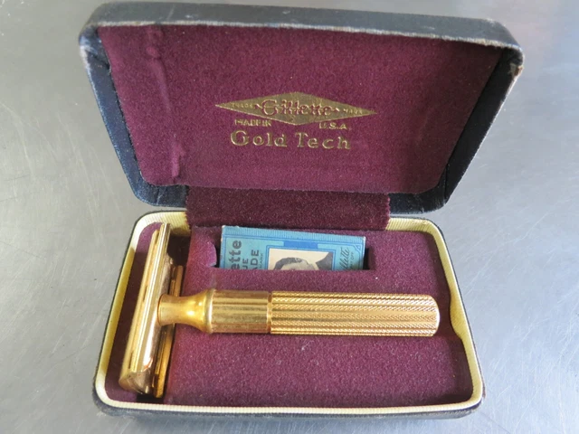 GILLETTE GOLD TECH Fat Handle Gold Tone Safety Razor with Carry Case ...
