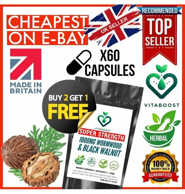 WORMWOOD CAPSULE BLACK Walnut Complex 1000mg Parasite Cleanse Extract ...