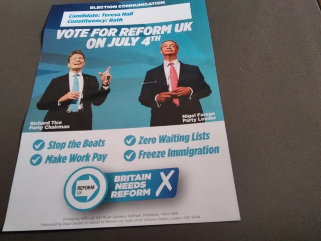 REFORM UK 2024 General Election Leaflet For The Constituency Of Bath £5 ...