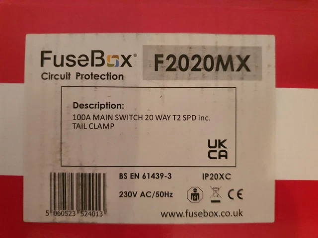 FUSEBOX F2020MX 20-WAY Consumer Unit with 100A Isolator + T2 SPD & Tail ...