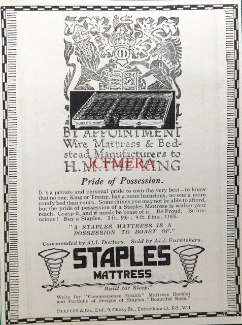 STAPLES WIRE-SPRING ROYAL Warrant Bed Mattress, Original 1925 Advert ...