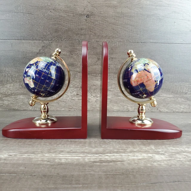 BLUE OCEAN GEMSTONE World Globe Wood Base Bookend On Cherry Base $38.49 - PicClick CA