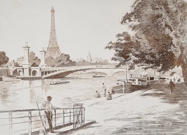 EAU FORTE ORIGINALE gravure Pont de l'Alma Tour Eiffel Paris Léopold ...