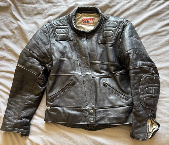 VINTAGE SCOTT LEATHER Biker Jacket Cafe Racer Jacket Black Size 42 £47. ...