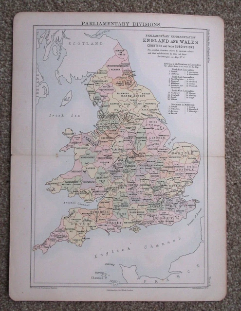 C.1885 ANTIQUE MAP of Parliamentary Divisions in England and Wales by A ...