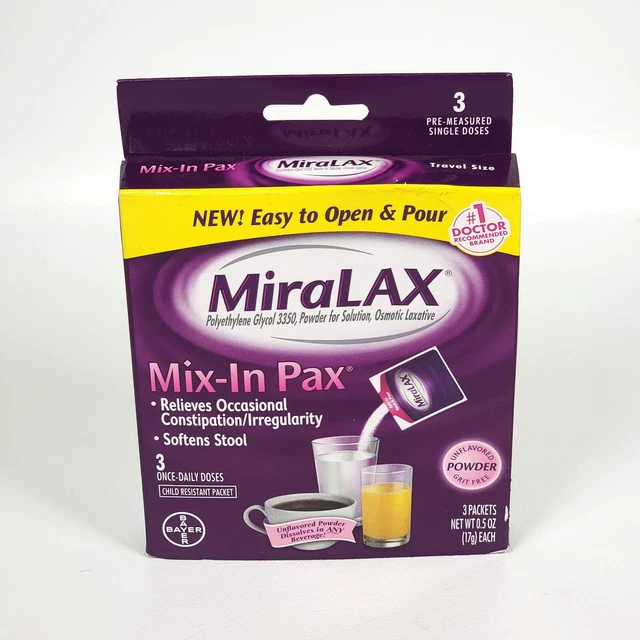 MIRALAX MIX-IN PAX Laxative Powder Unflavored 3 Single Doses Packets ...