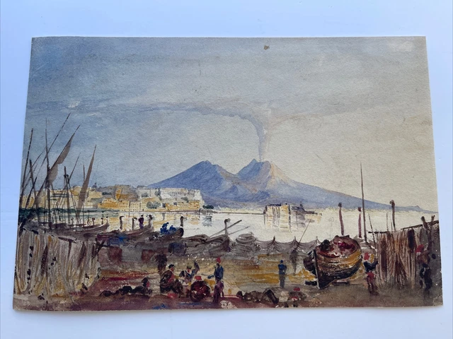 19TH CENTURY PAINTING Mount Vesuvius Volcano Eruption Landscape Antique ...