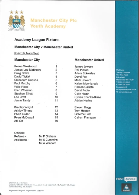 4 X MANCHESTER City v Manchester United Under 19's Academy league team ...