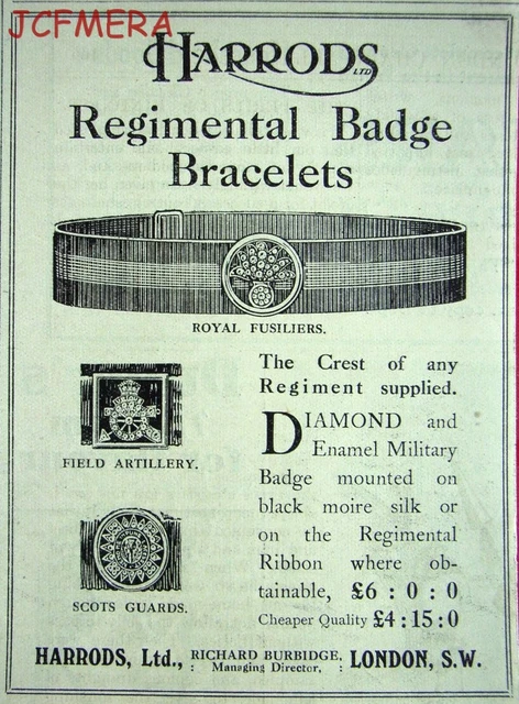 ANTIQUE WW1 'HARRODS' Regimental Badge Bracelets ADVERT : Small 1916 ...