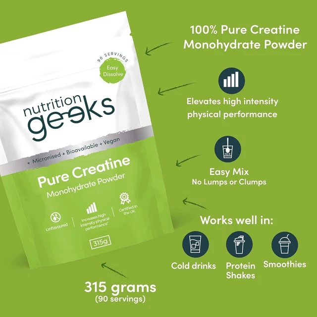 NUTRITION GEEKS PURE Creatine Monohydrate Powder 315g 90 Servings Vegan ...