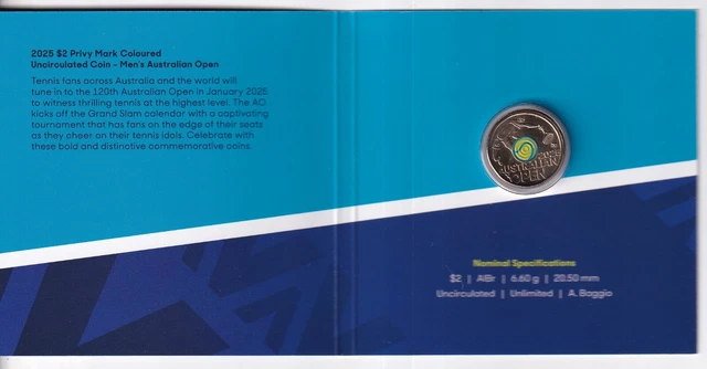 AUSTRALIAN: 2025 $2 Men's Australian Open Tennis Privy Mark Special Coin #Hm541 $120.00 ...