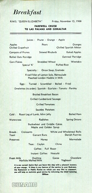 CUNARD RMS QUEEN ELIZABETH farewell cruise breakfast menu card Nov 15th ...