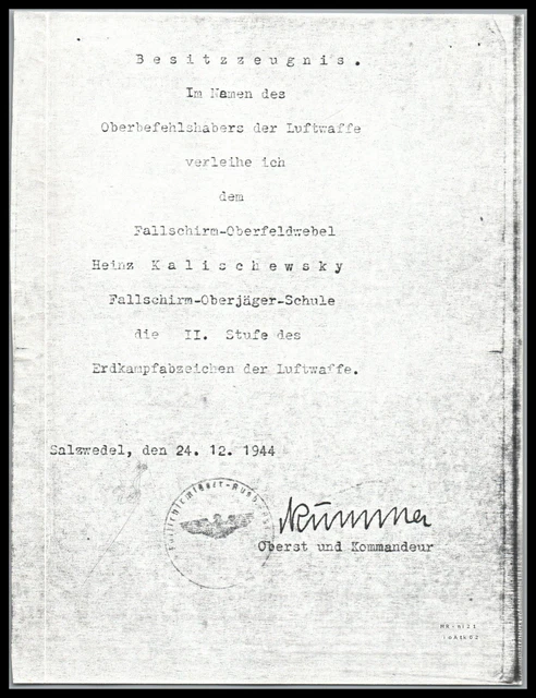 URKUNDE/KOPIE, WK2, NACHL. Fallsch.jäg. H.Kalischewsky, Erdkampfabz ...