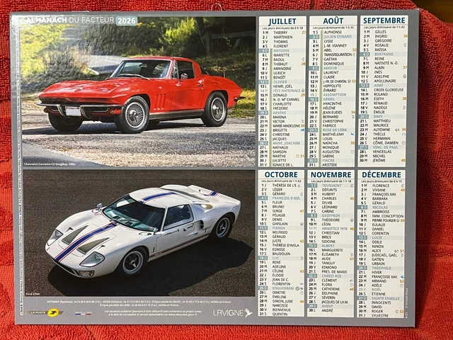 CALENDRIER ALMANACHS LA Poste 2026 Renault Alpine Ford GT40 Chevrolet ...