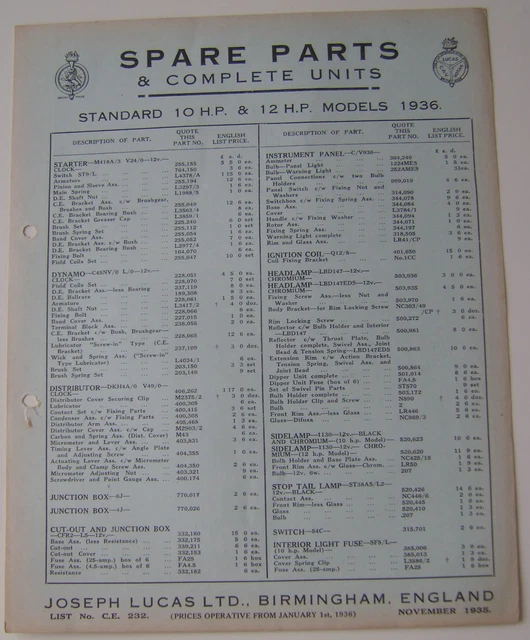 STANDARD 10 & 12HP 1936 Lucas CAV Rotax Spare Parts List CE 232 NOT ...